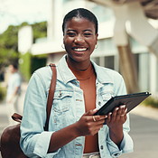 Education, student and woman with tablet, face and smile for knowledge ...