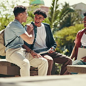 Students, men and friends with handshake at college with celebration ...