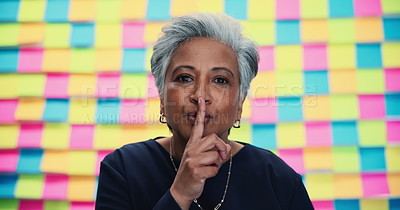 Face, sticky note and woman with ideas for secret business plan, data ...