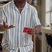 Mime, man and playing game in home with description, answer clues and ...