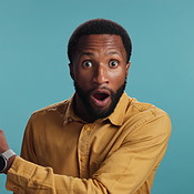 Surprise, pointing or face of man with space for breaking news ...