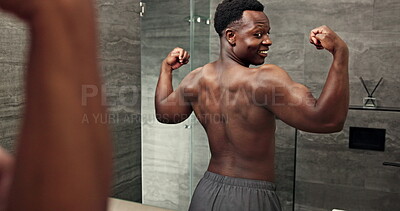 Black man, mirror and back muscle in bathroom for fitness, results and ...