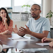 Man manager, meeting and sales discussion with team in office, planning ...