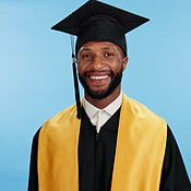 Black man, student and graduation with smile in studio for achievement ...