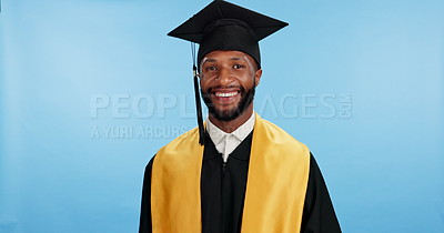 Black man, student and graduation with smile in studio for achievement ...
