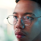 Glasses, man or it support developer on computer for coding research or cybersecurity update ...