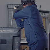 Man, baseball bat and smash computer in anger room with rage, power and ...