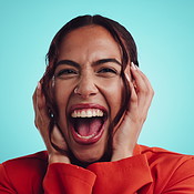 Psychology, face and woman with screaming in studio for depression ...