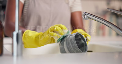 Cleaning, woman and hands washing dishes in home for housekeeping ...