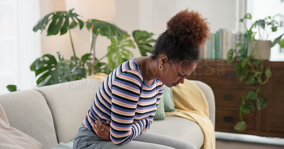 Sick, home and woman with period cramps, pain or stomach ache with ...