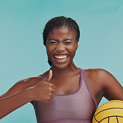 Sports, thumbs up and face of black woman in studio with smile ...
