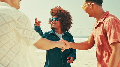 Handshake, people and friends outdoor for greeting, meeting or talk at ...