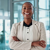 Corporate attorney, face and woman with arms crossed in office for ...