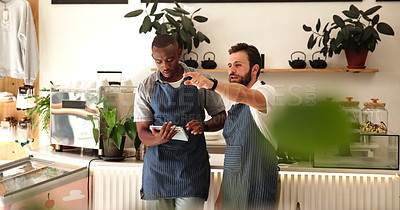 Men, waiter and point with tablet at cafe for planning, online order ...