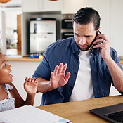 Remote work, father and girl with book, phone call and energy with deadline, education and ...