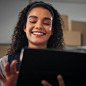 Tablet, shipping and woman with boxes online for delivery, logistics ...