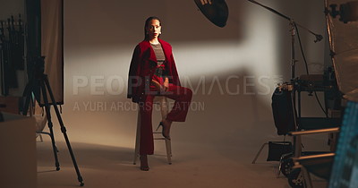Photography, set and model on stool in studio with production team for ...