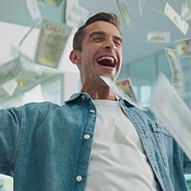 Money rain, success and man celebrate winning lotto, prize and victory ...