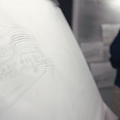 Canvas, building and drawing with design in studio, lines and architect ...