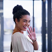 Airport, waving and woman face with happy goodbye, smile and flight ...