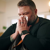 Sick man, chef and blowing nose with tissue for influenza, viral ...