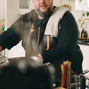 Cooking, live streaming and man in kitchen with food for culinary ...