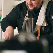 Cooking, live streaming and man in kitchen with food for culinary ...