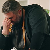 Frustrated, headache and chef in kitchen with stress for career, job ...