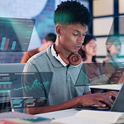 Laptop, man and student in lecture with statistics overlay with ...
