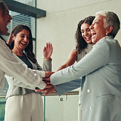 Hands, stack and business people with support or mission, collaboration ...