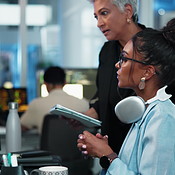 People, mentor and computer programmer in office for teamwork, problem ...