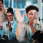 High five, computer and business people in workplace, applause and ...
