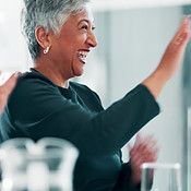 Mature businesswoman, handshake or high five for financial achievement ...