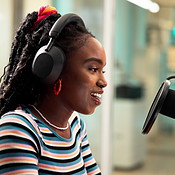 Happy, black woman and broadcast with mic, headphones or tablet for ...