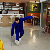 Janitor, accident and man fall in office with workplace safety, ignore ...