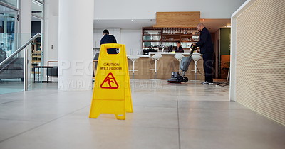 Janitor, group and office with caution sign, hygiene service and wet ...