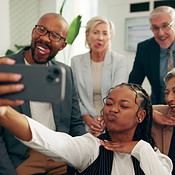 Funny selfie, team and business people in office for memory, profile ...