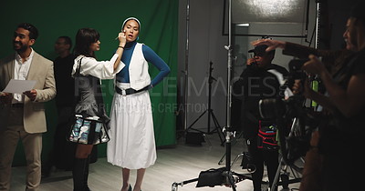 Woman, actress and makeup artist on film set with cameraman, director ...