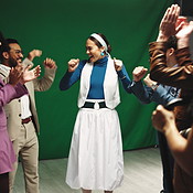Happy people, director or cast with applause in celebration for ...