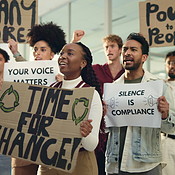 Woman, sign and group with protest for climate change, solidarity and ...