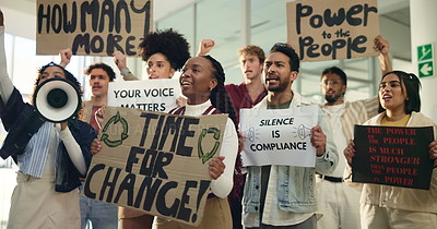 Woman, sign and group with protest for climate change, solidarity and ...