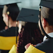 Man, students and applause at graduation ceremony for education ...