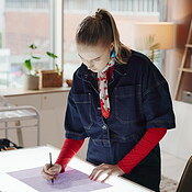 Woman, sketching and art on light table for drawing design, tracing ...