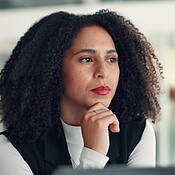 Decision, thinking and woman consultant in office with planning, growth ...