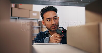 Man, scanner and package barcode at warehouse for inspection, stock and ...