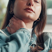 Stress, woman and massage for neck pain at house from muscle cramp ...