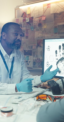 Computer, investigator and black man in office at night with forensics ...