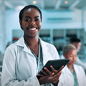 Science, tablet or face of happy woman in lab, medical biotechnology or ...