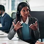 Computer, conversation and support with business people in call center ...